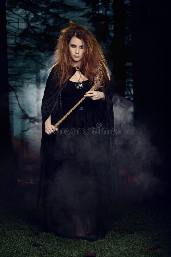 Witch Walking through a Forest with Fog Stock Photo - Image of mystery ...