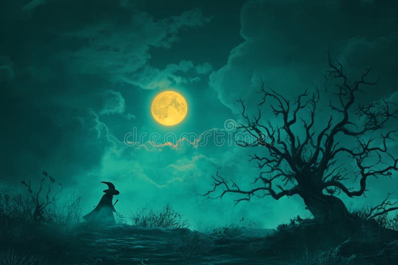 A Witch Walking through a Spooky Landscape Under a Full Moon in a Dark ...