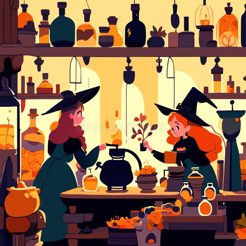 Witch and Witch in the Halloween Cafe. Vector Flat Illustration Stock ...