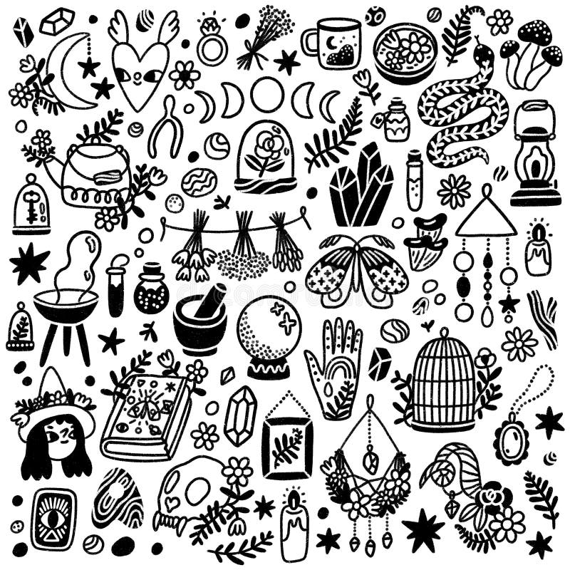 Witch and Witchcraft Doodles, Clip Art Illustrations Collection Stock ...