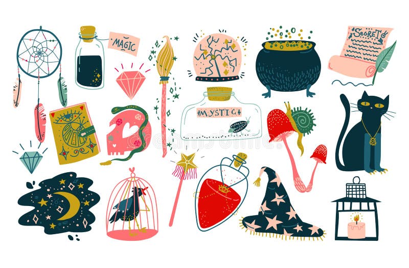 Witchcraft and Magic Objects Like Skull, Poison, Cauldron, Crystal Ball ...