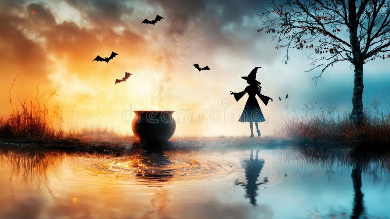Witchcraft Under the Misty Sky Stock Illustration - Illustration of ...