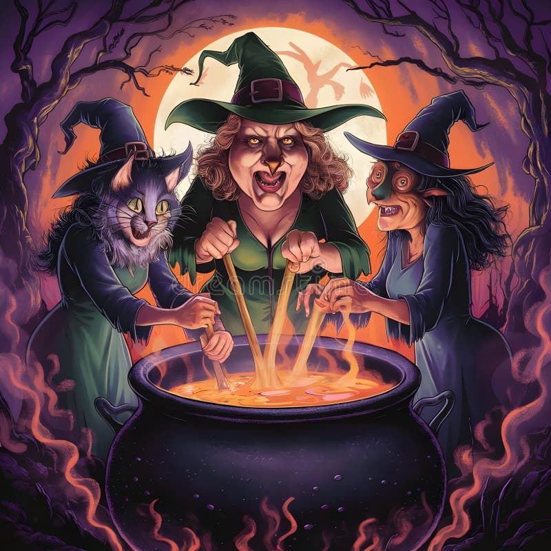Witches Brewing a Potion in a Spooky Forest Stock Photo - Image of ...
