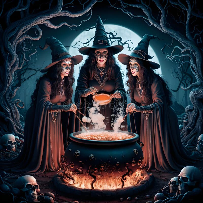 Witches Brewing a Potion in a Spooky Forest Stock Photo - Image of glow ...