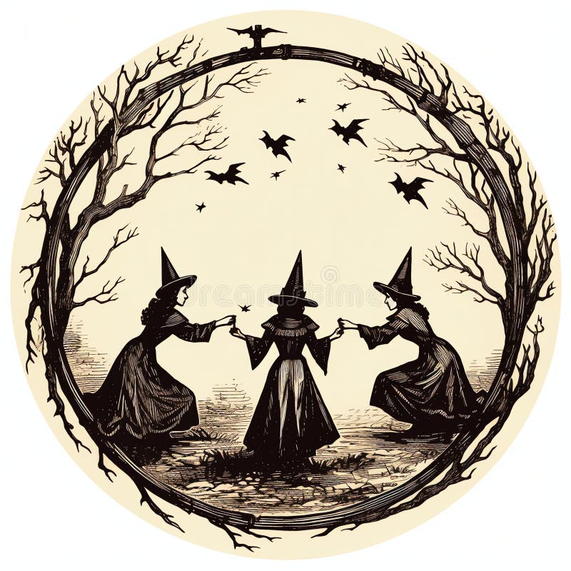 Witches in a Circle Victorian Vintage Halloween Stock Illustration ...