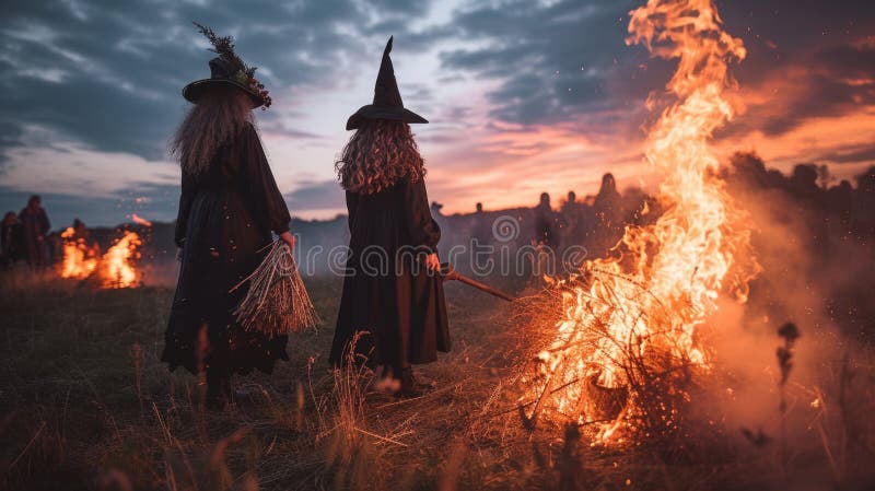 Witches Gathering by Firelight at Twilight Stock Illustration ...