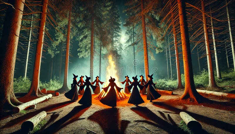 The Witches Dance Around a Large Bonfire in the Forest, the Fire ...