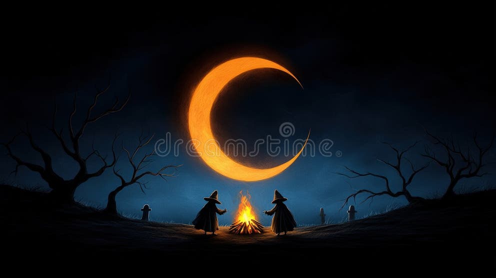 Witches Gathered Around a Fire Under a Glowing Crescent Moon Stock ...