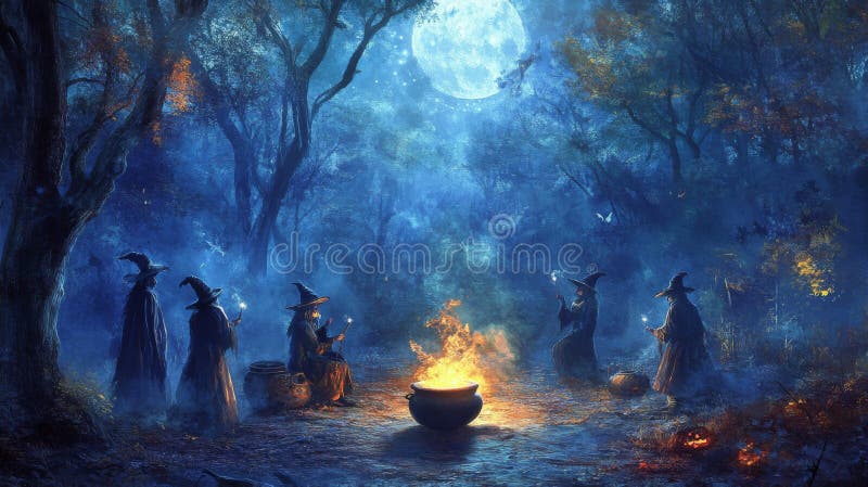 Witches Gathering Around a Cauldron Fire in a Moonlit Forest Stock ...
