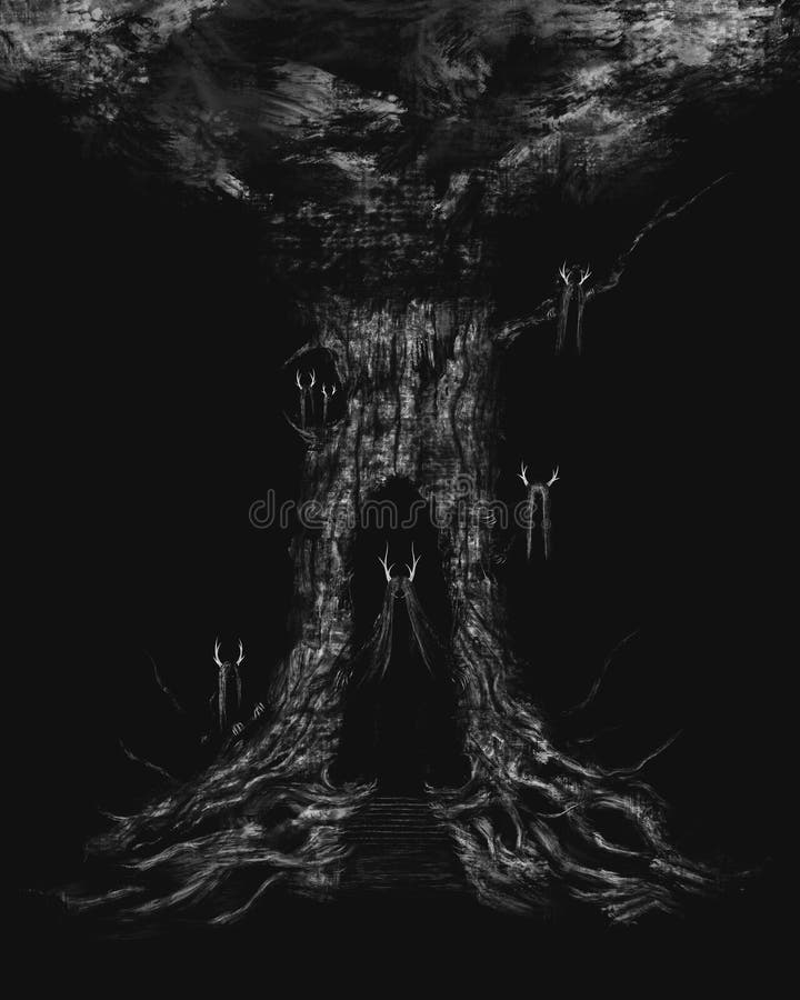 Witches Guard the Big Tree, Dark Gloomy Illustration Stock Illustration ...