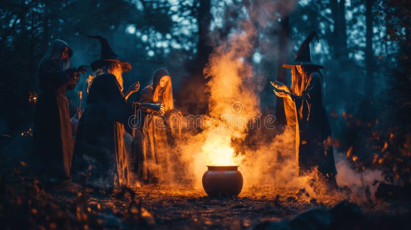 Witches Performing a Ritual Around a Cauldron in a Forest at Night ...