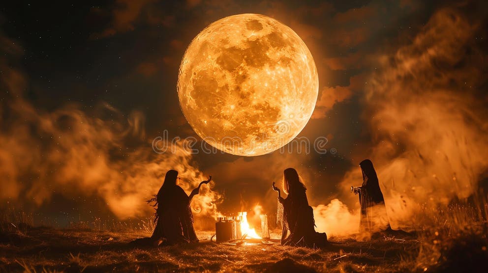 Witches Performing a Ritual Under a Full Moon Stock Illustration - Illustration of energy, lunar ...