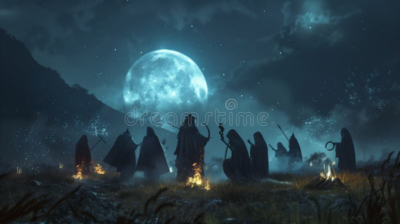 Witches Performing a Ritual Under a Full Moon Stock Illustration ...