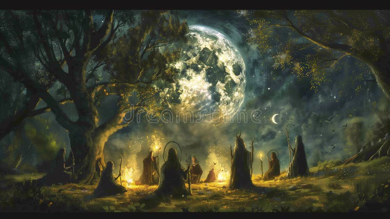 Witches Performing a Ritual Under a Full Moon Stock Illustration ...