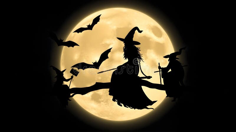 Witches in Silhouette Flying Under a Full Moon with Bats at Midnight ...