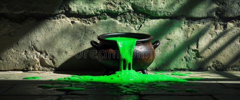 Witchs Brew Overflowing, Green Potion Leaking from Cauldron in a Spooky ...