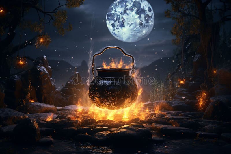 Witchs Cauldron in Moonlight Moonlit Scene with Stock Illustration ...