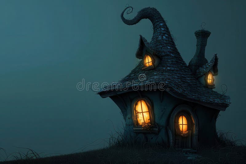 A Witchs Cottage with a Crooked Roof and Glowing Windows Stock ...
