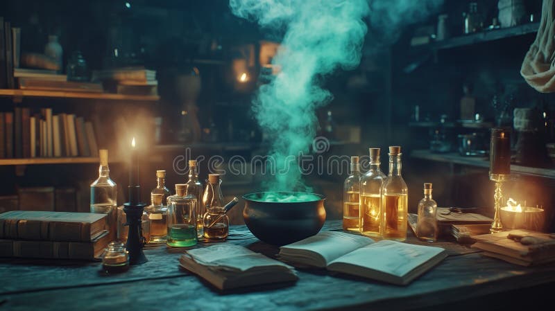 A Witchs Potion-making Table Filled with Spell Books, Potion Bottles ...