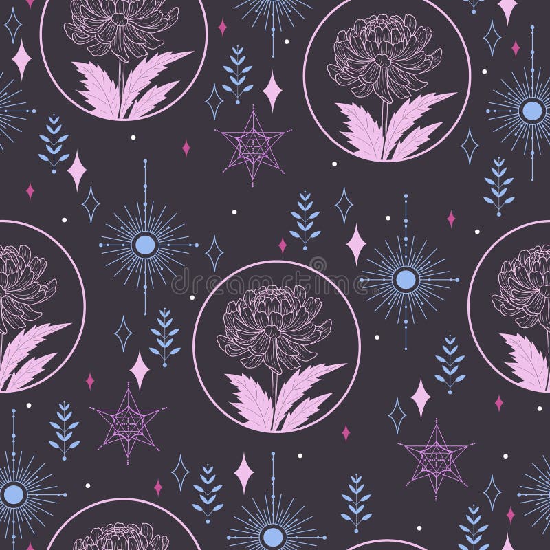 Seamless Vector Pattern with Flowers, Stars, Pentacles, and Peonies ...