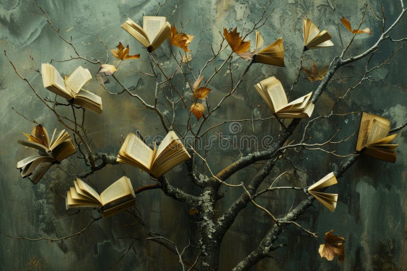 Withered Fall Tree with Branches Adorned by Open Books and Dry Leaves ...