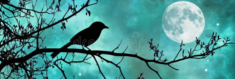 On a Withered Tree Branch, a Night Bird Perches Under a Full Moon Stock ...