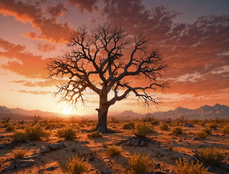 Withered Tree in the Desert at Sunset. AI Generative Content Stock ...