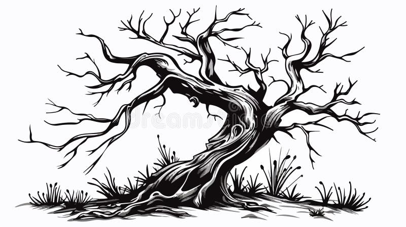 Elegant Withered Tree Engraving in Black and White Outline Stock Vector ...