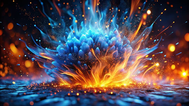 A Stunning 3D Render Exploding Blue Particles with Warm Flames ...