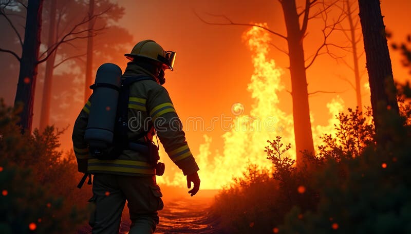 Brave Firefighter Confronts Raging Forest Fire - Heroic Scene Stock ...