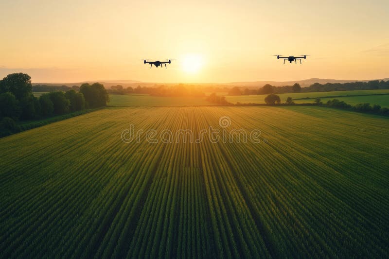 Drones Flying Over a Vast Green Field at Sunset. this Image Captures ...