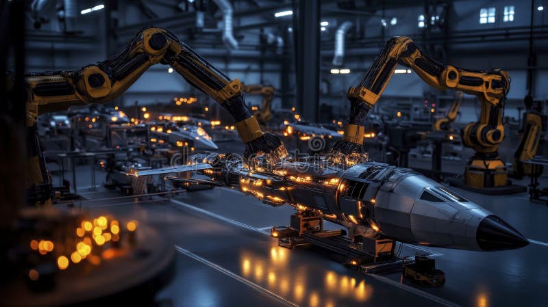 Robotic Arms Assembling Aircraft in a Hyperrealistic Factory Industrial ...