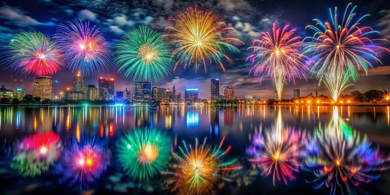 A Stunning Fireworks Display Over a City Pond at Night a Breathtaking ...
