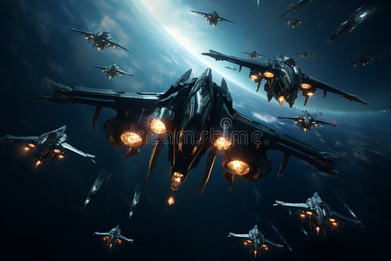 Witness a Squadron of Sleek Space Fighters Stock Illustration ...