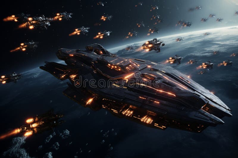 Witness a Squadron of Sleek Space Fighters Stock Illustration ...