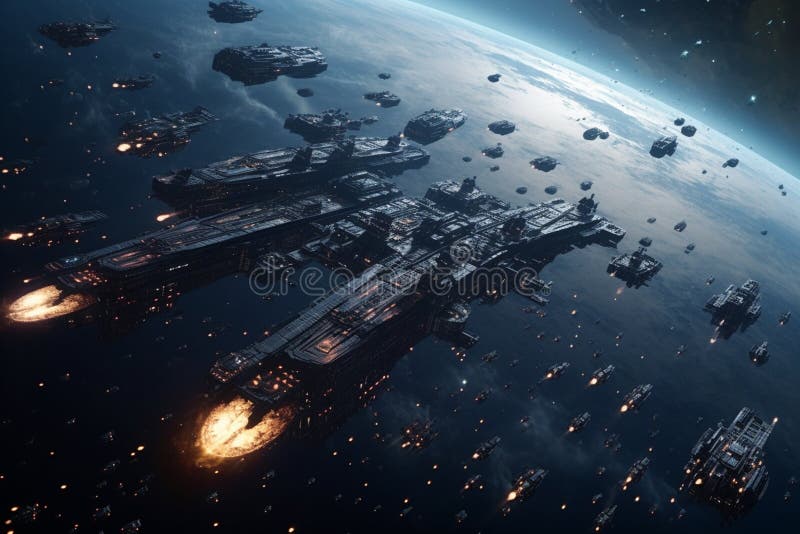 Witness a Squadron of Sleek Space Fighters Stock Illustration ...