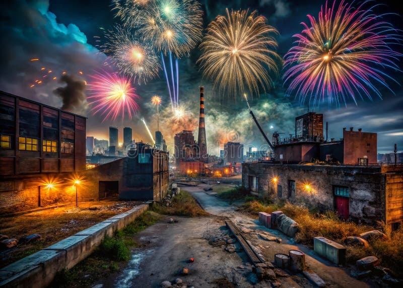 Independence Day Fireworks Blaze Across a Grungy Urban Exploration ...