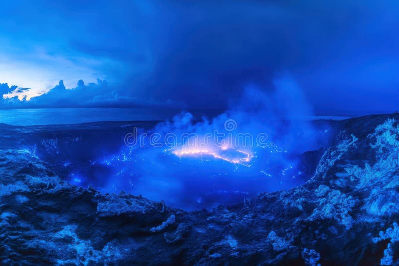 Witnessing Blue Fire, Night Volcano Eruption Stock Illustration ...