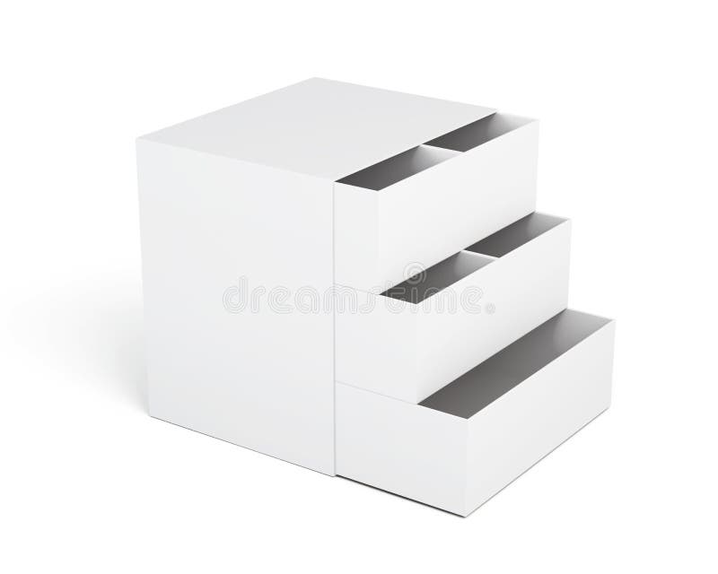 Witte Ladenkast Met Uitgebreide Dozen Op Witte Achtergrond Stock ...