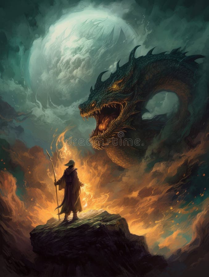 A Wizard Battling a Fierce Dragon Fantasy Generative AI Stock ...