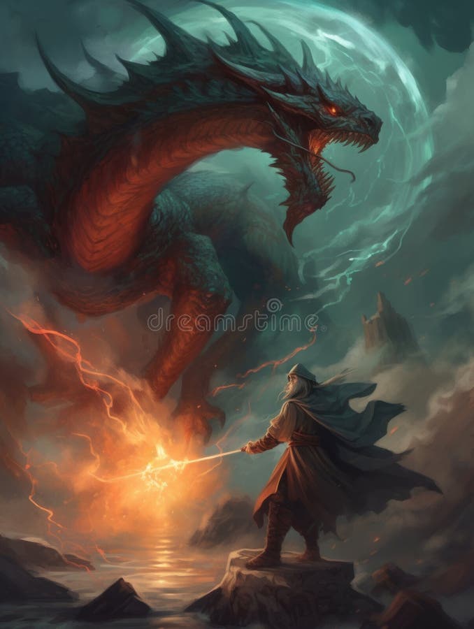 A Wizard Battling a Fierce Dragon Generative AI Stock Illustration ...