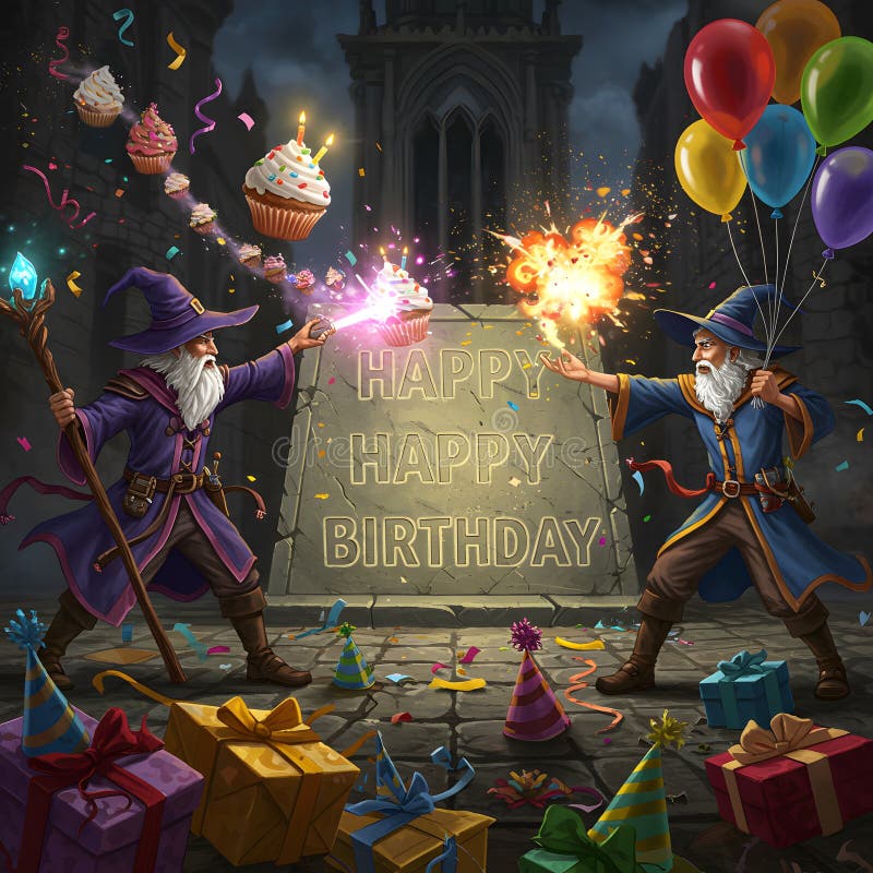 Wizard Birthday Celebration with Cupcakes and Magic Stock Illustration ...
