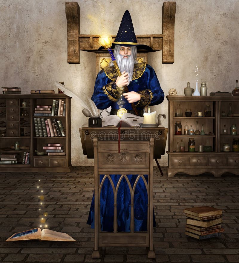 Wizard in Blue Dress Spellbound Time Stock Image - Image of potions ...