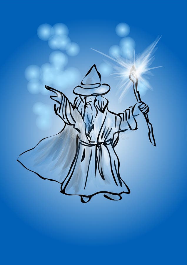 Wizard on blue stock illustration. Illustration of sorcery - 159293464