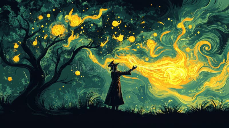 Wizard Casting Fire Spell Under Dark Night Sky Stock Illustration ...