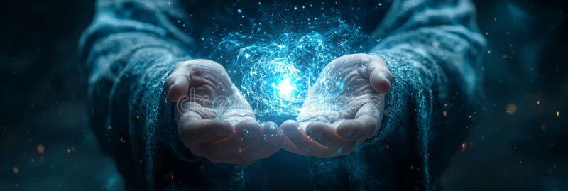 Wizard Casting a Powerful Spell, Glowing Magic Energy in Hands Stock ...