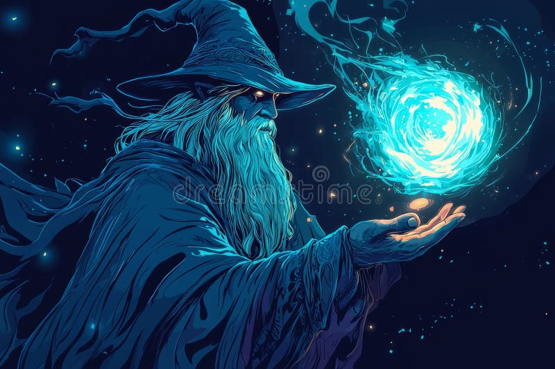 Wizard Casting a Powerful Spell, Glowing Magic Energy in Hands Stock ...