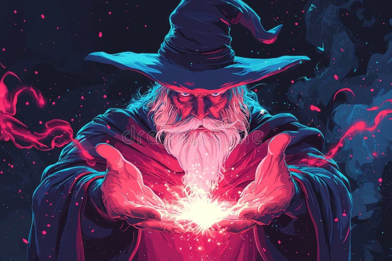 Wizard Casting a Powerful Spell, Glowing Magic Energy in Hands Stock ...
