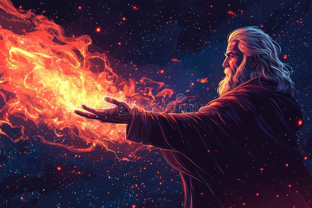 Wizard Casting a Powerful Spell, Glowing Magic Energy in Hands Stock ...