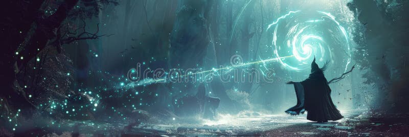 Wizard Casting a Spell that Forms a Vortex of Glowing Particles in a ...
